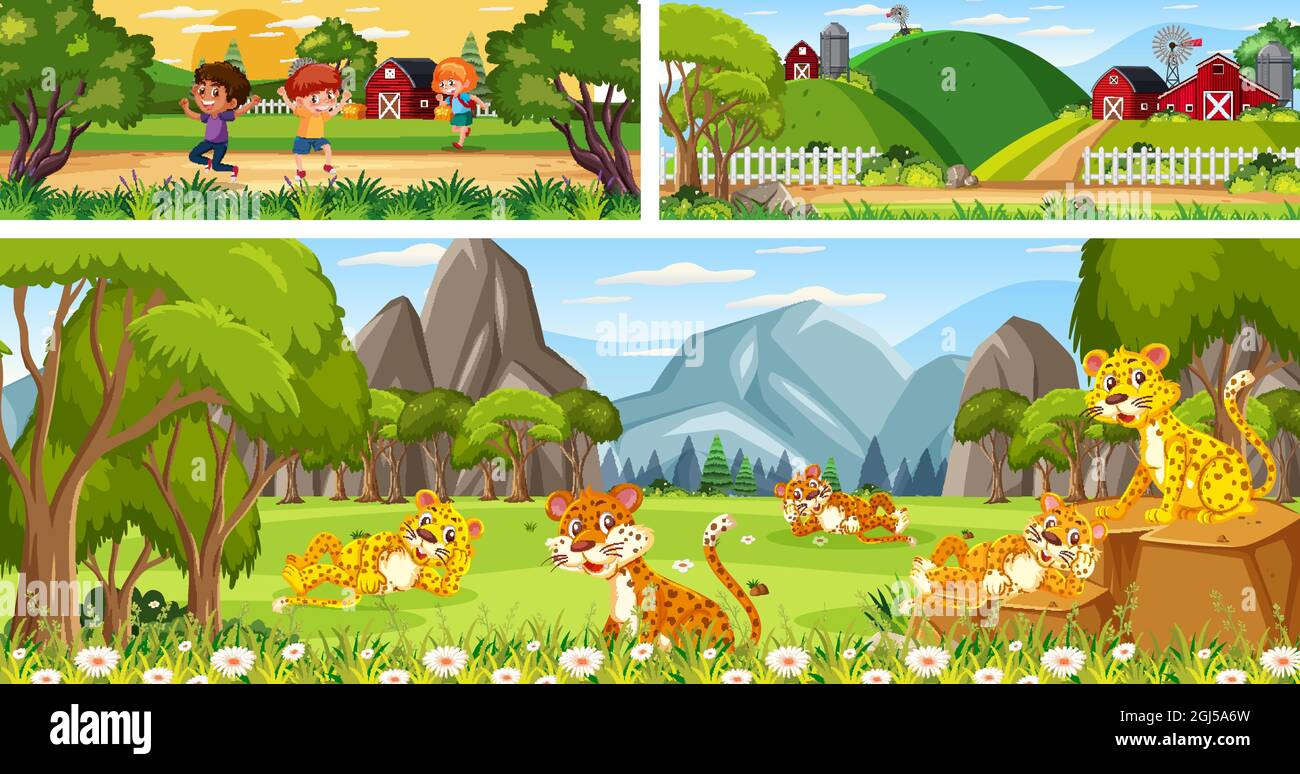 Set of outdoor panoramic landscape with cartoon character illustration ...