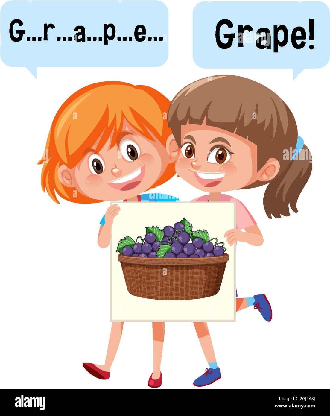 Cartoon character of two kids spelling fruit vocabulary illustration ...