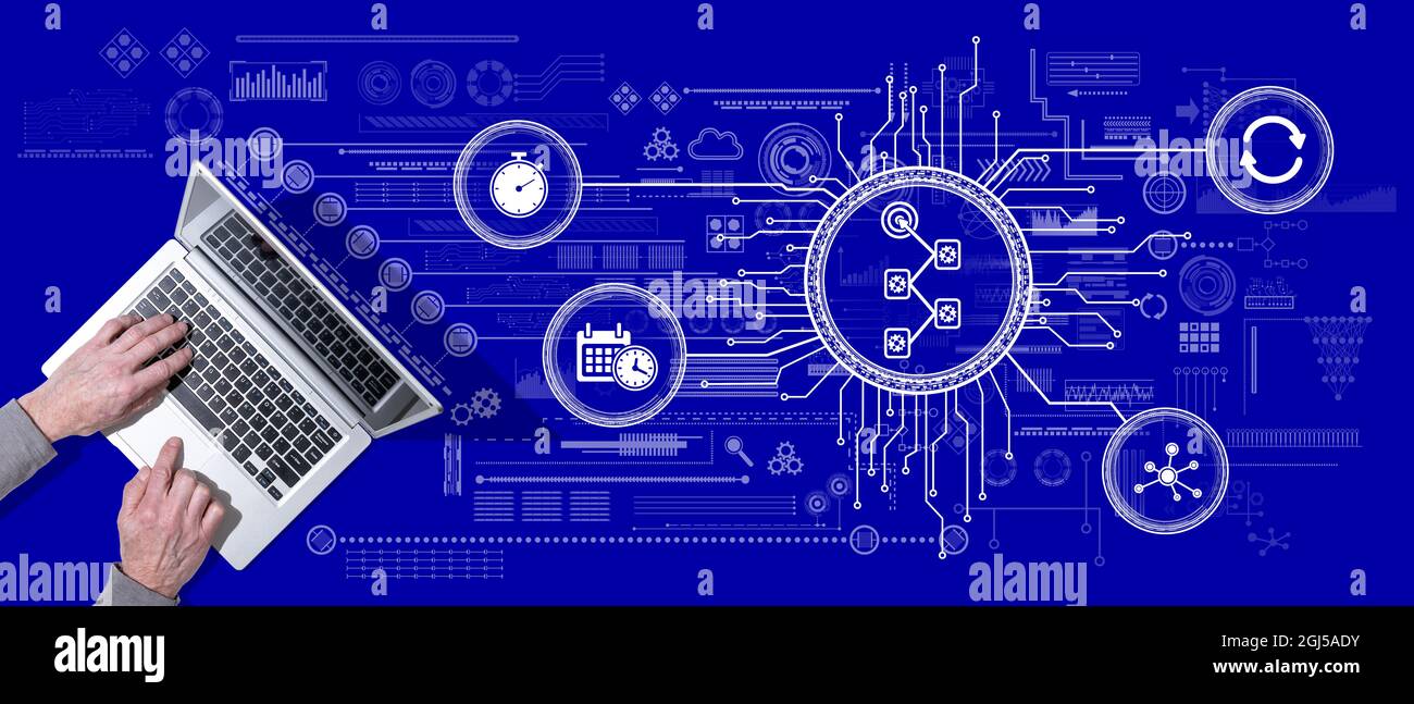 Top view of hands using laptop with symbol of workflow concept Stock ...