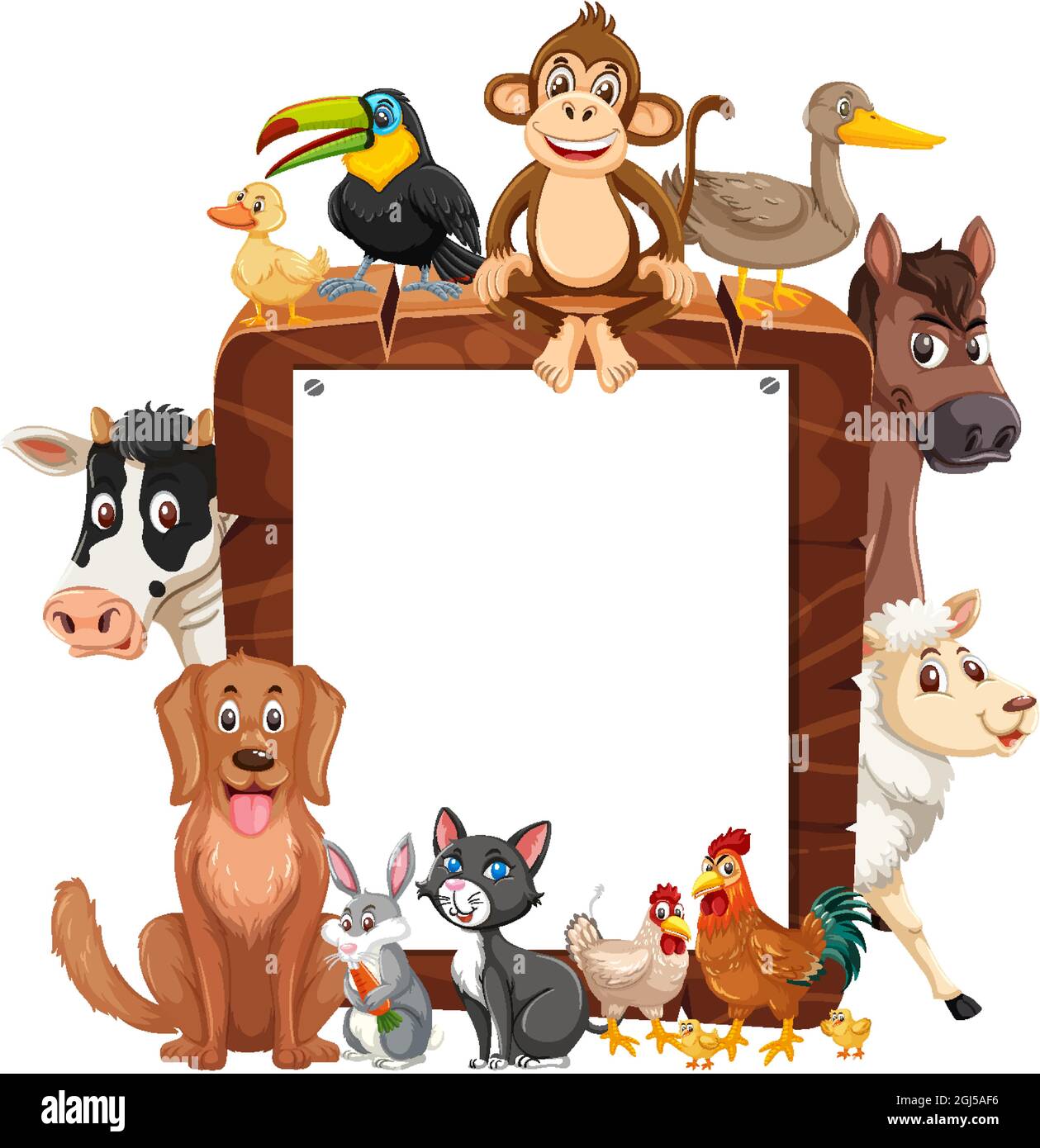Empty wooden frame with various wild animals illustration Stock Vector ...