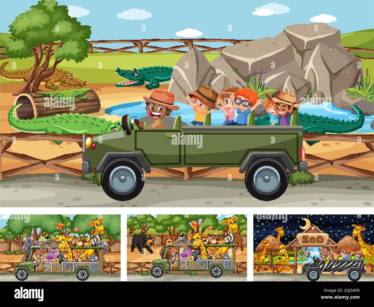 Different safari scenes with animals and kids cartoon character ...