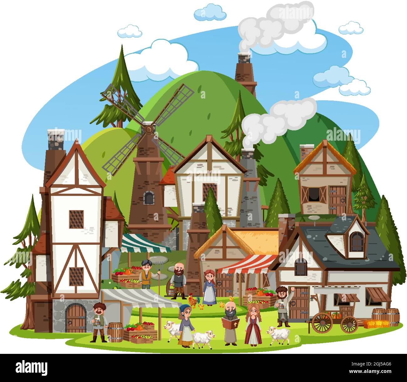 Medieval village with villagers on white background illustration Stock ...