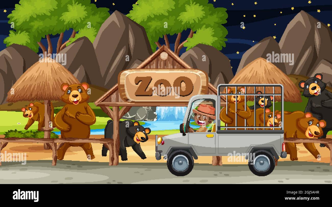 Zoo concept with wild bear group in the cage car illustration Stock ...