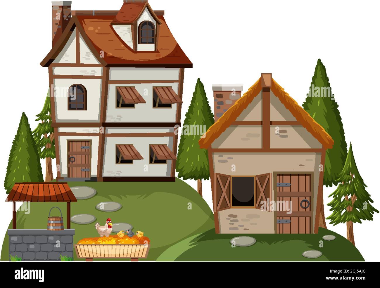 Ancient medieval village on white background illustration Stock Vector ...