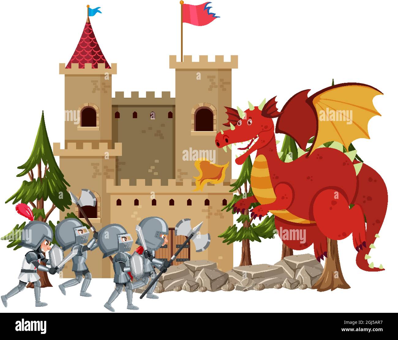 Knights fight with dragon at the castle illustration Stock Vector Image ...