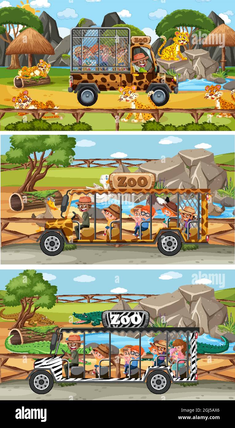 Set of different safari horizontal scenes with animals and kids cartoon ...