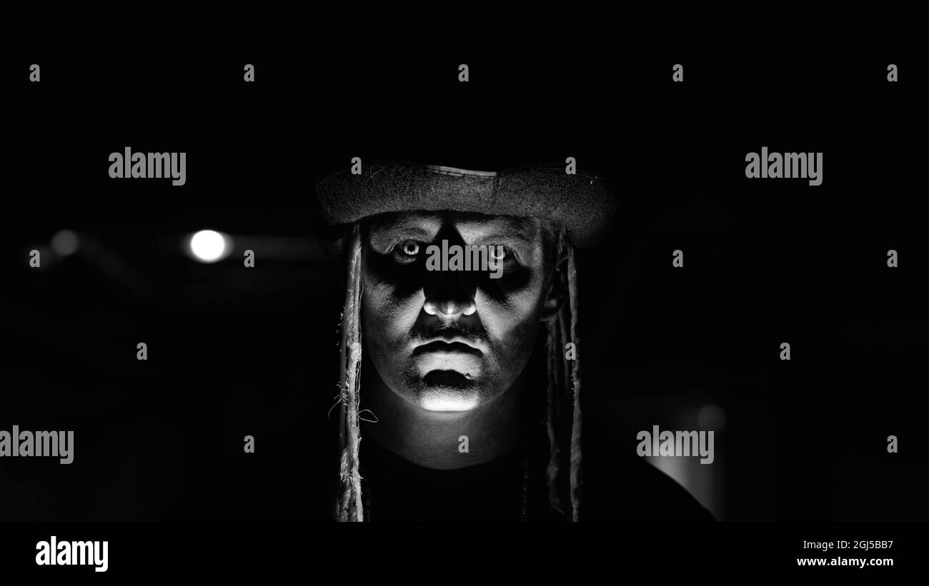 Frightening man face in carnival skull Halloween makeup of skele Stock ...