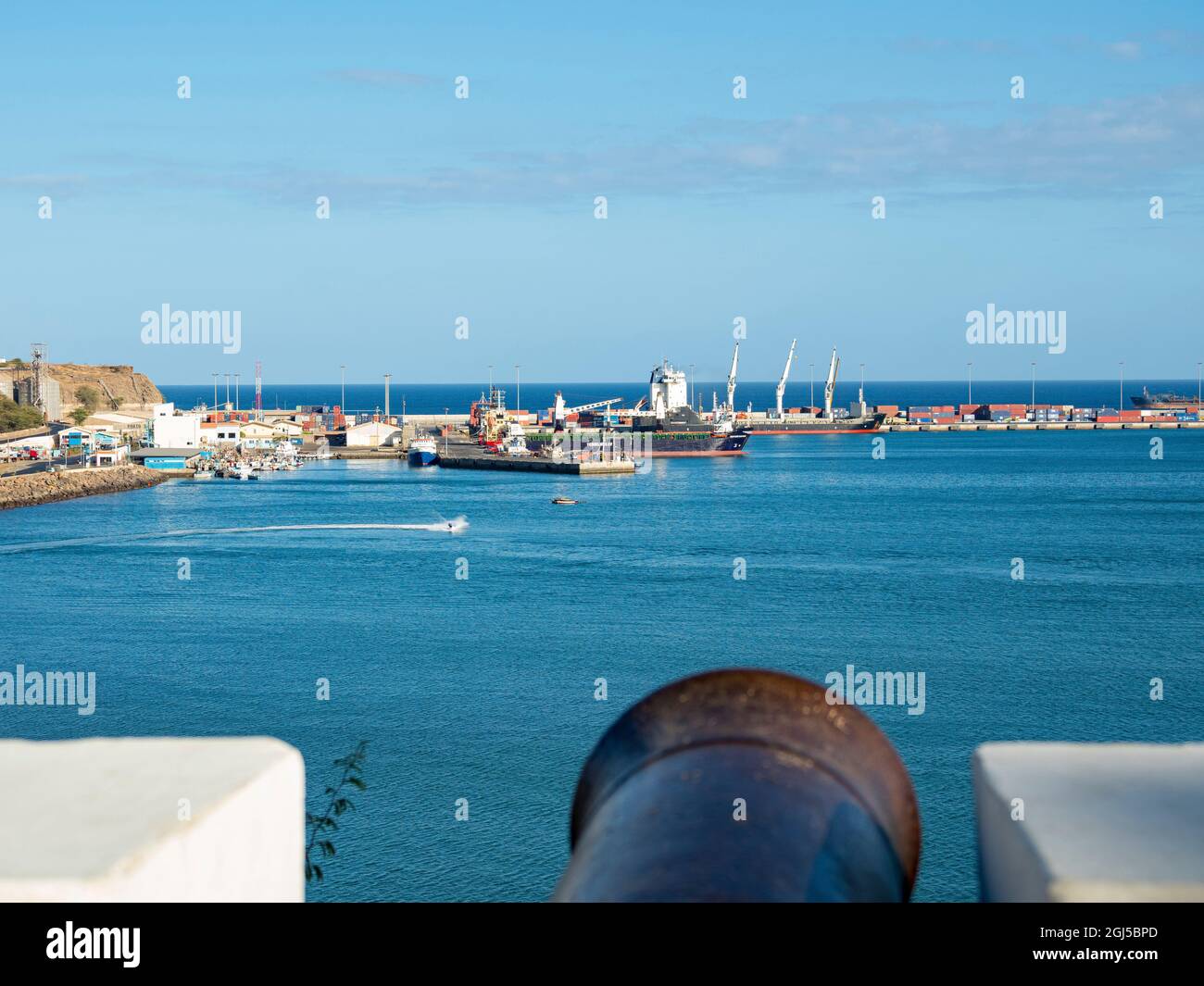 View from Plato towards the harbor. The capital Praia on the Ilha de ...