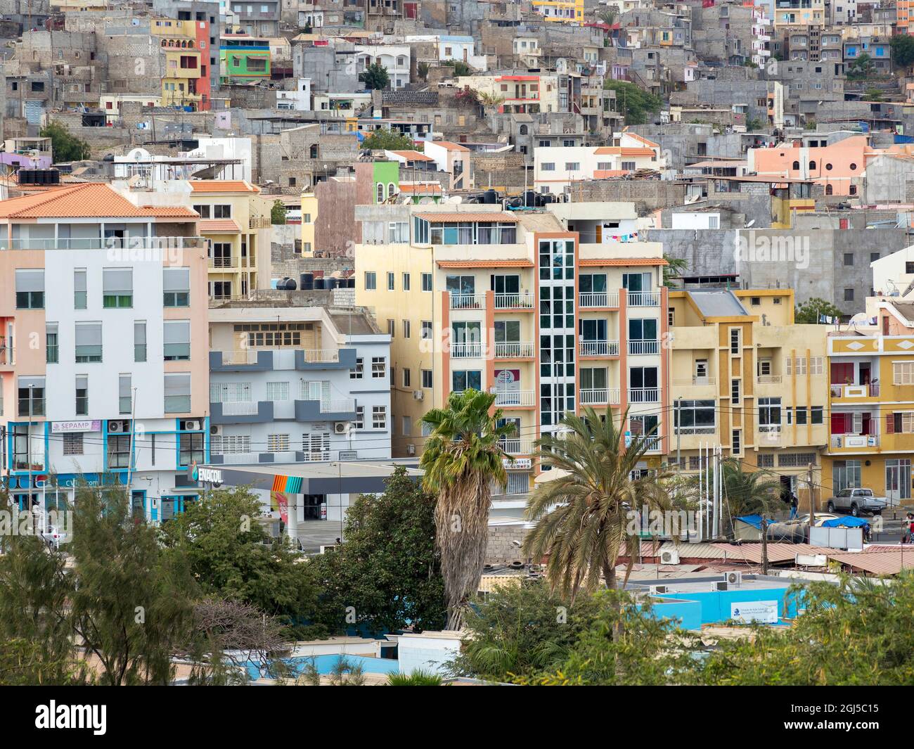 City view from Plato towards the western quarters. The capital Praia on ...