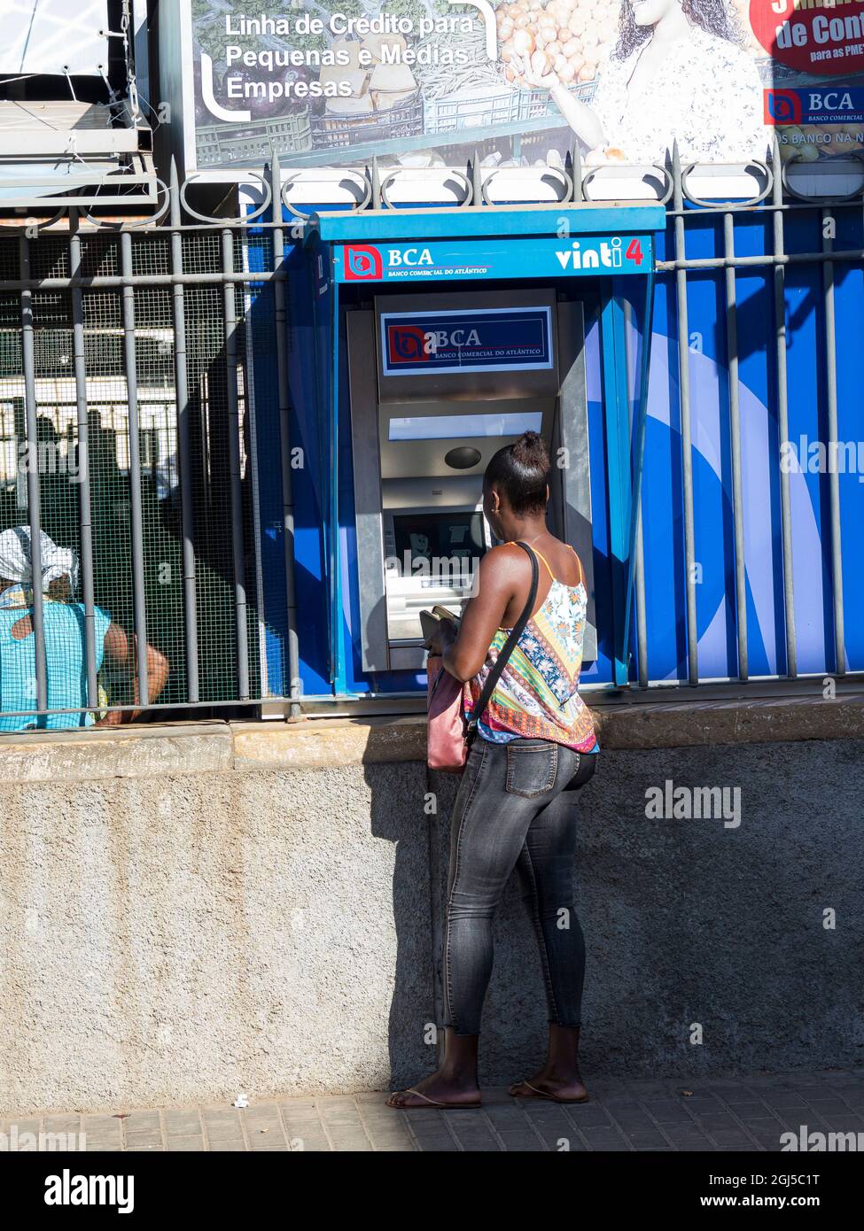 ATM in the pedestrian area in Plato. The capital Praia on Santiago ...