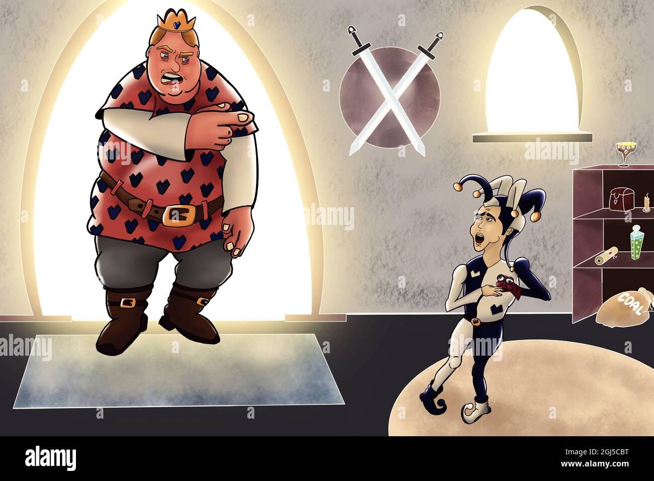 an angry fat king pointing finger at his jester Stock Photo - Alamy