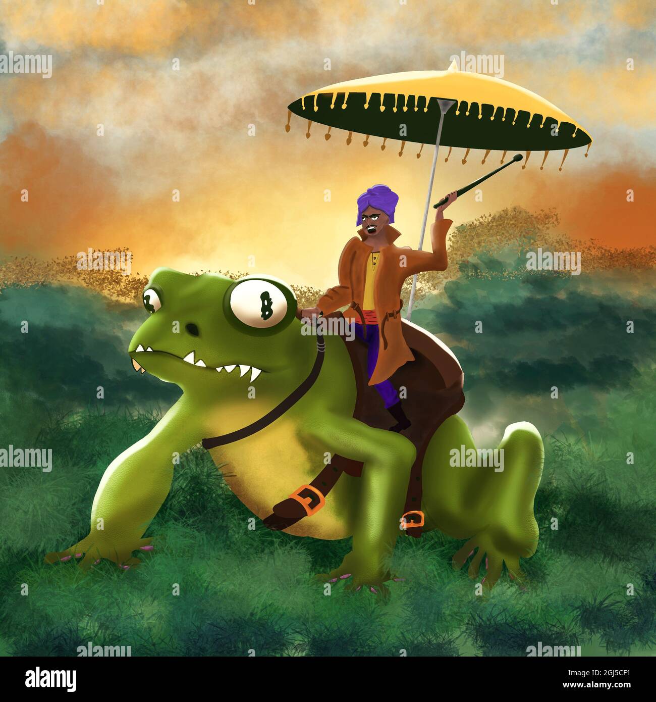 a man riding a toad in the field at sunset Stock Photo - Alamy