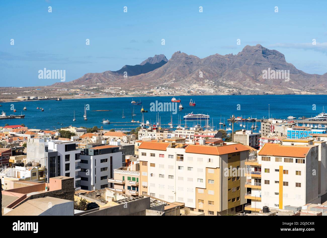 City view and view over the harbor. City Mindelo, a seaport on the ...