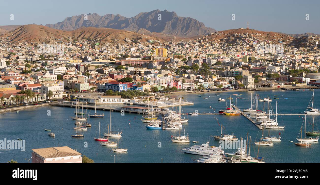 The harbor with marina and yachts. City Mindelo, a seaport on the ...