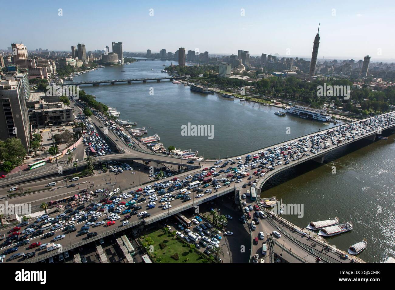 Afternoon peak hour traffic gridlock over the 6th October Bridge which ...