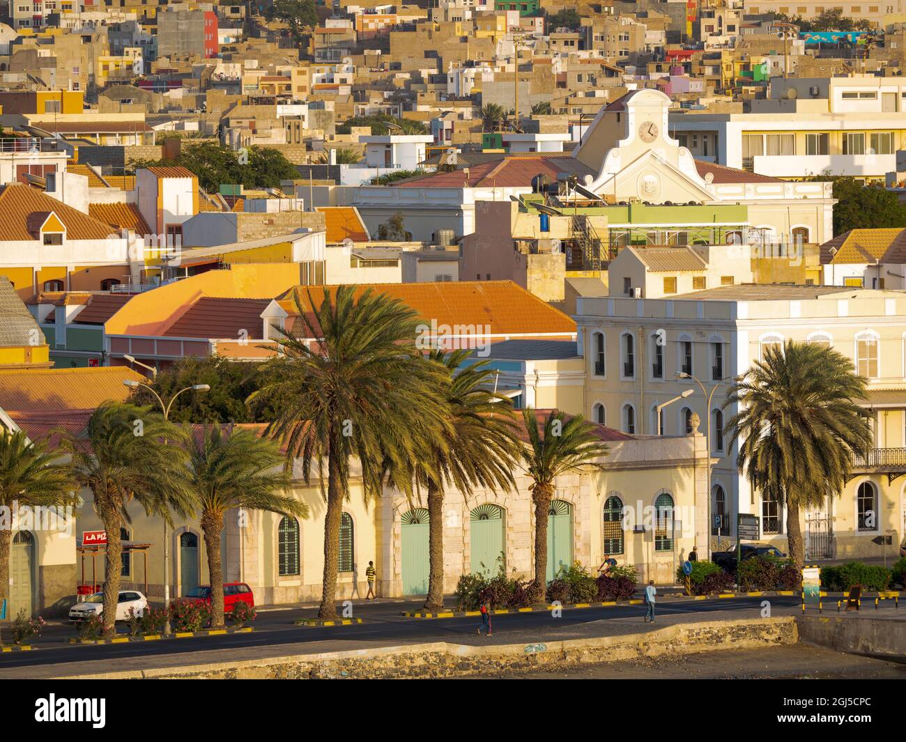 City view and view over the harbor. City Mindelo, a seaport on the ...
