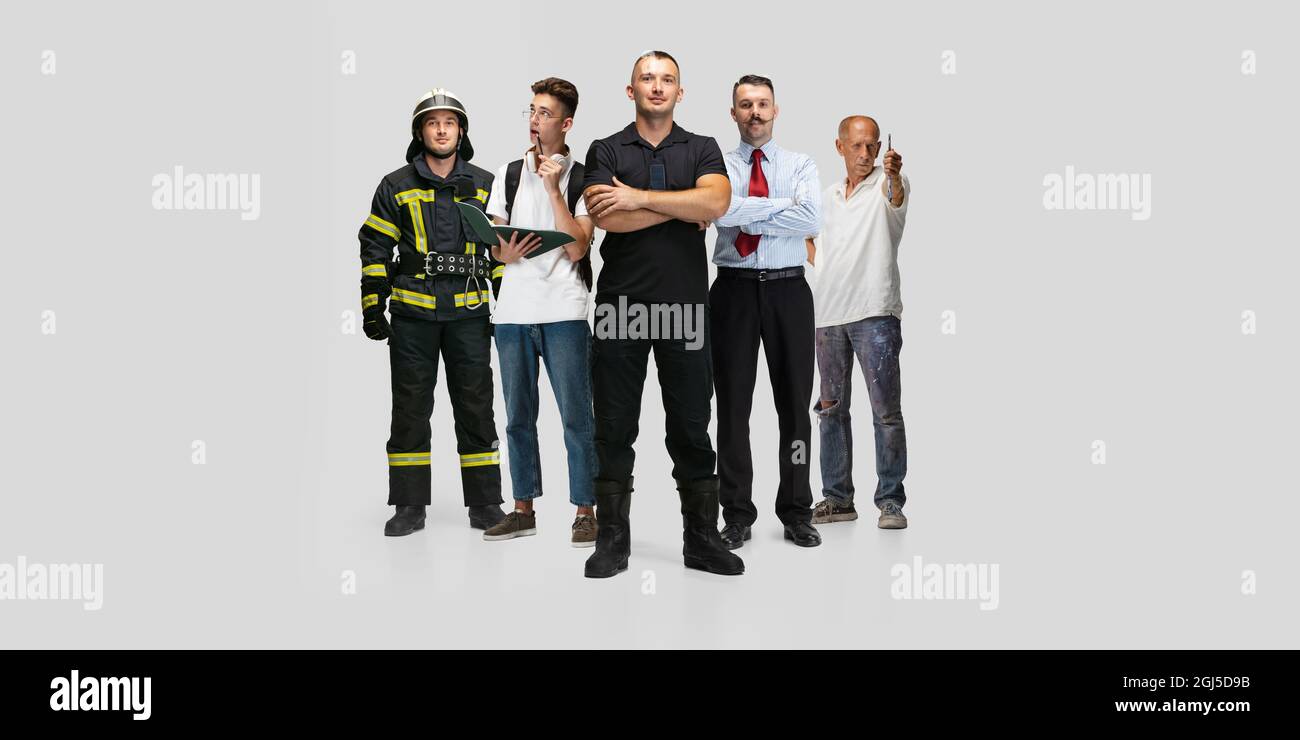 Full-length collage of five male workers of different professions in ...