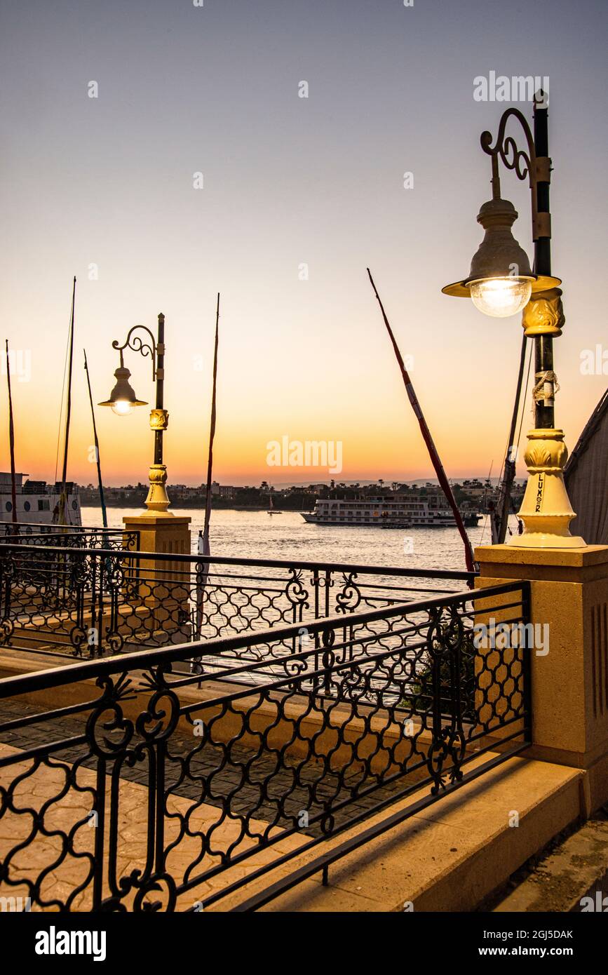 Egypt, Luxor (Thebes), view of Nile River and felucca masts and sails ...