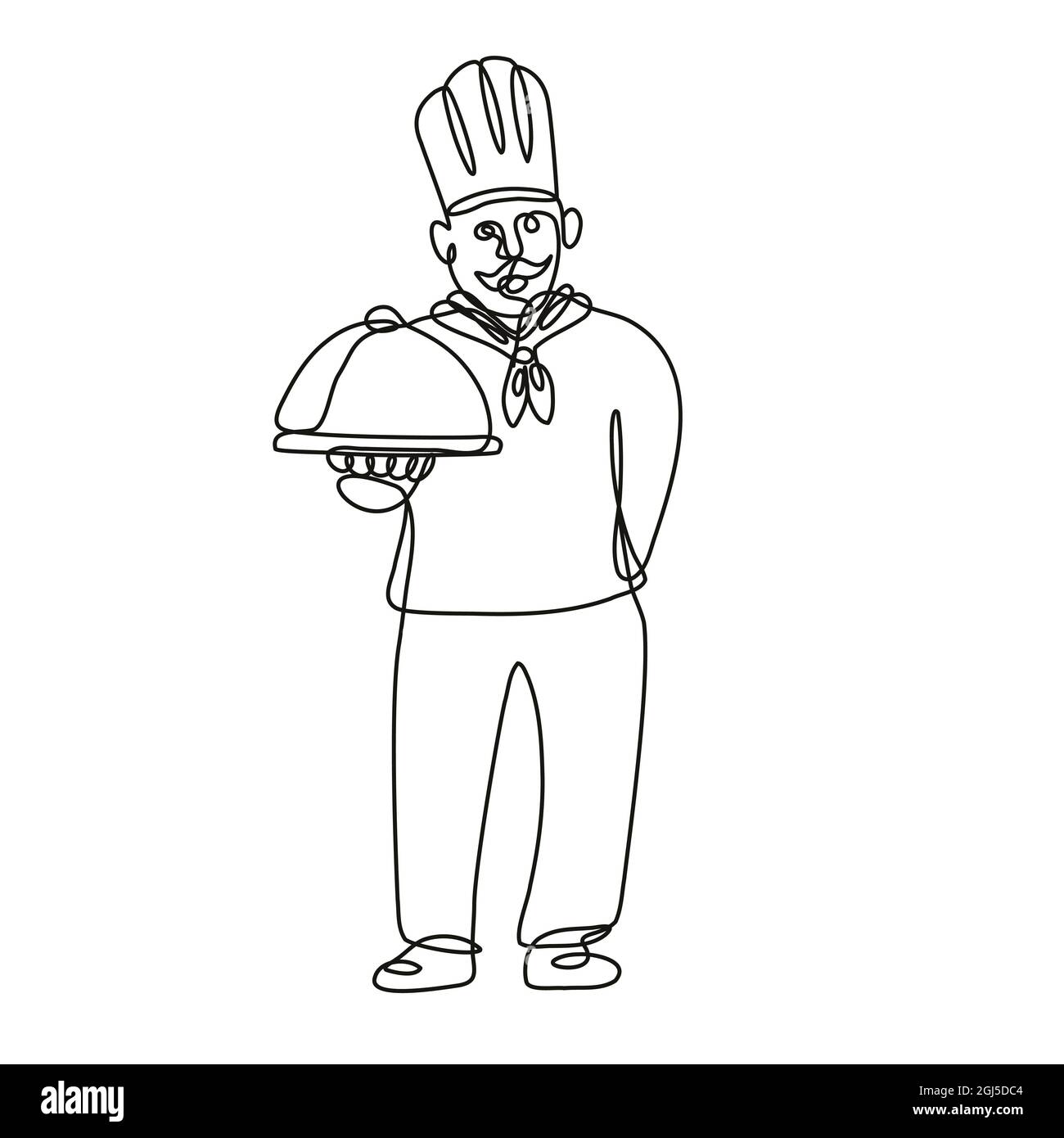 Chef Cook or Baker Holding a Platter Front View Continuous Line Drawing ...