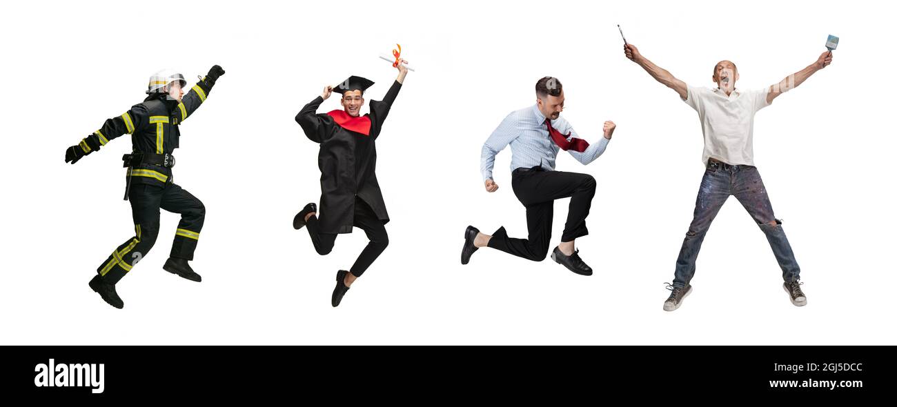 Full-length collage of four different people, fireman, student ...