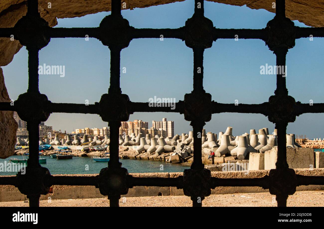 Egypt, Nile Delta, Alexandria, Qaitbay Citadel, adding rip-rap to West ...
