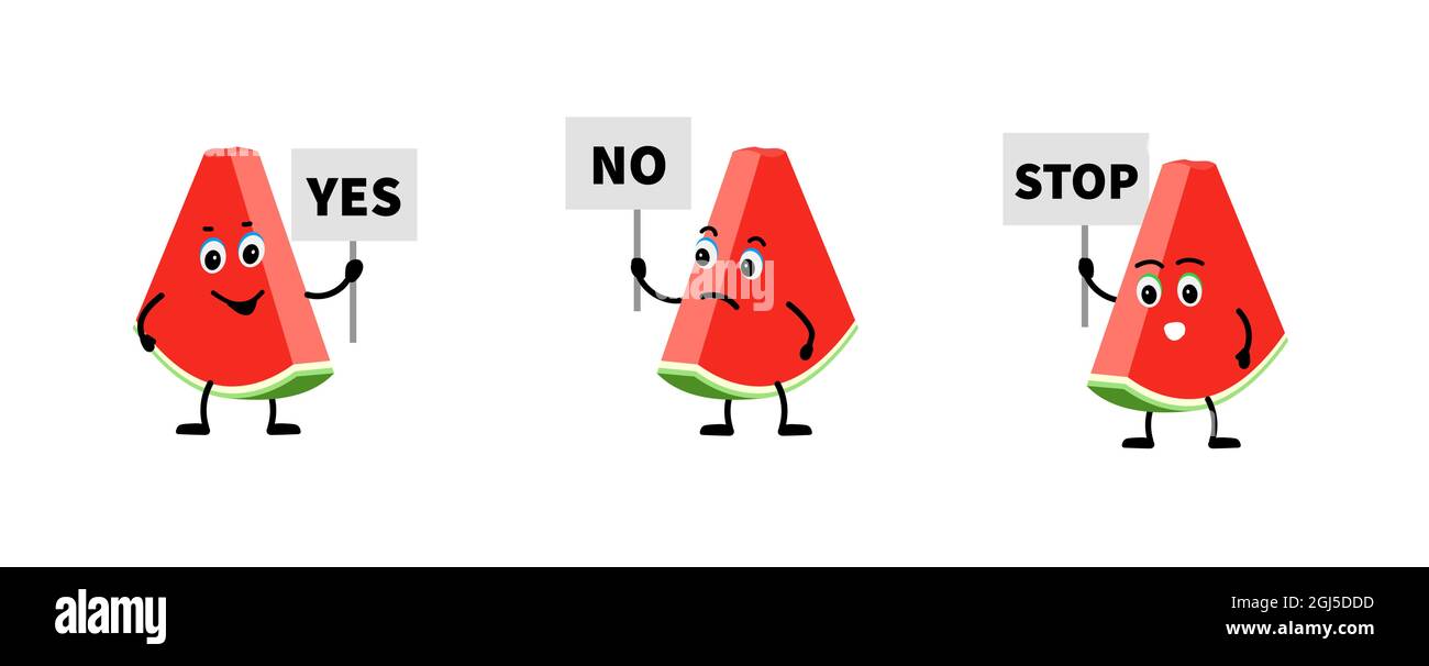 Cartoon character watermelon berries, holding a sign with words NO ...