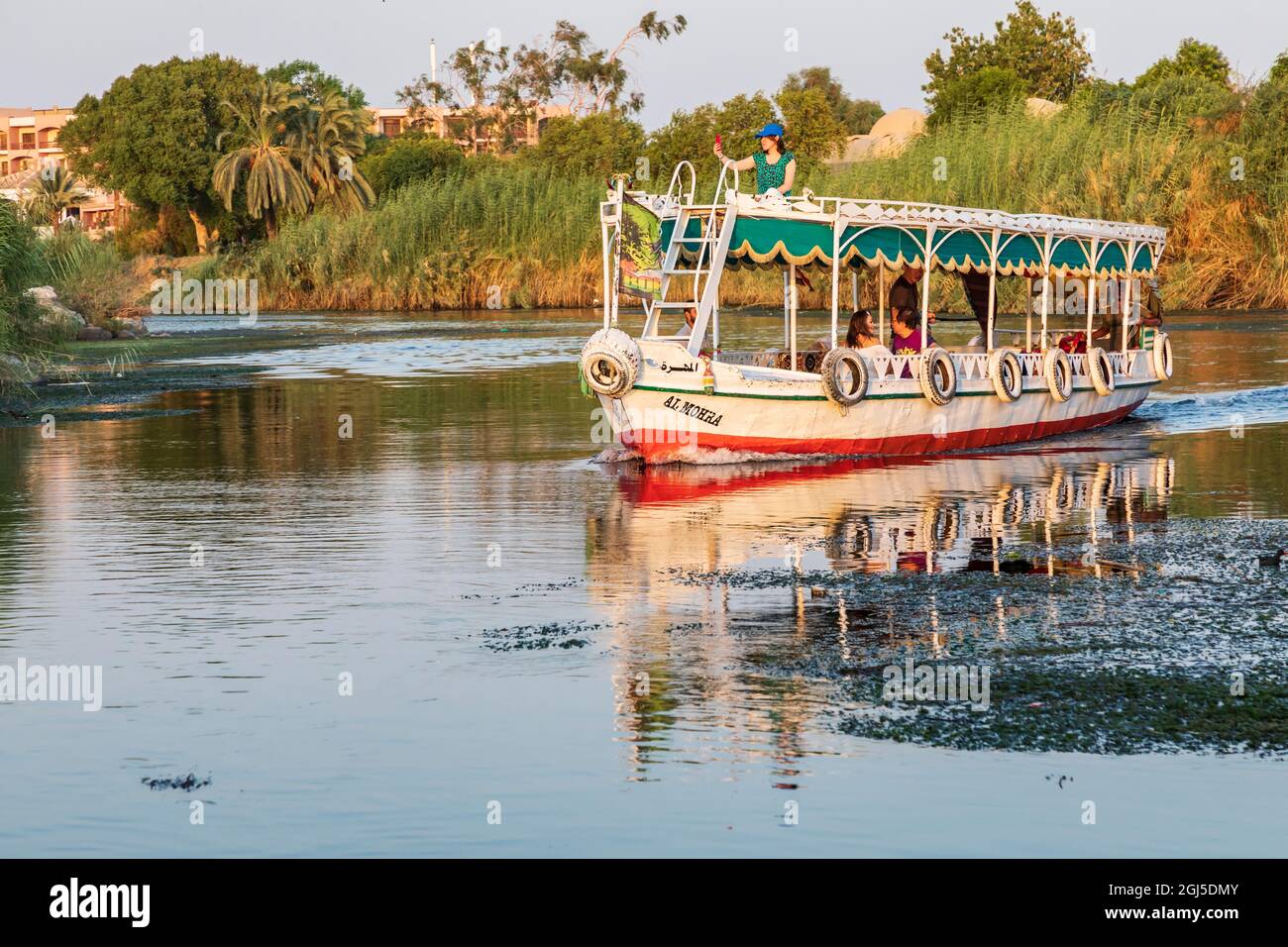 Africa, Egypt, Aswan. October 8, 2018. Tourist boat on the Nile River ...