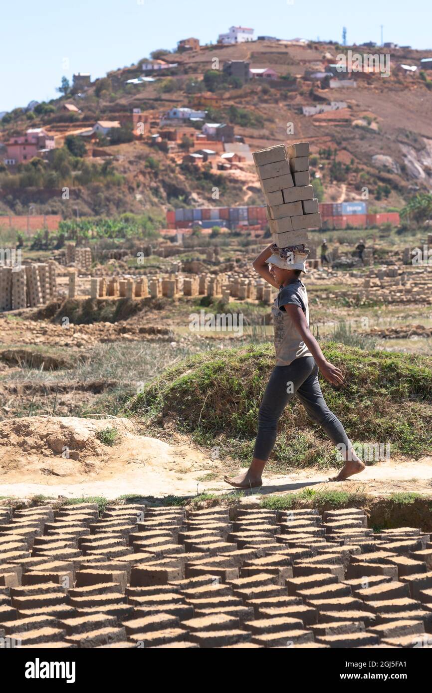 Africa, Madagascar, Antananarivo Province. Brick making factory, a ...