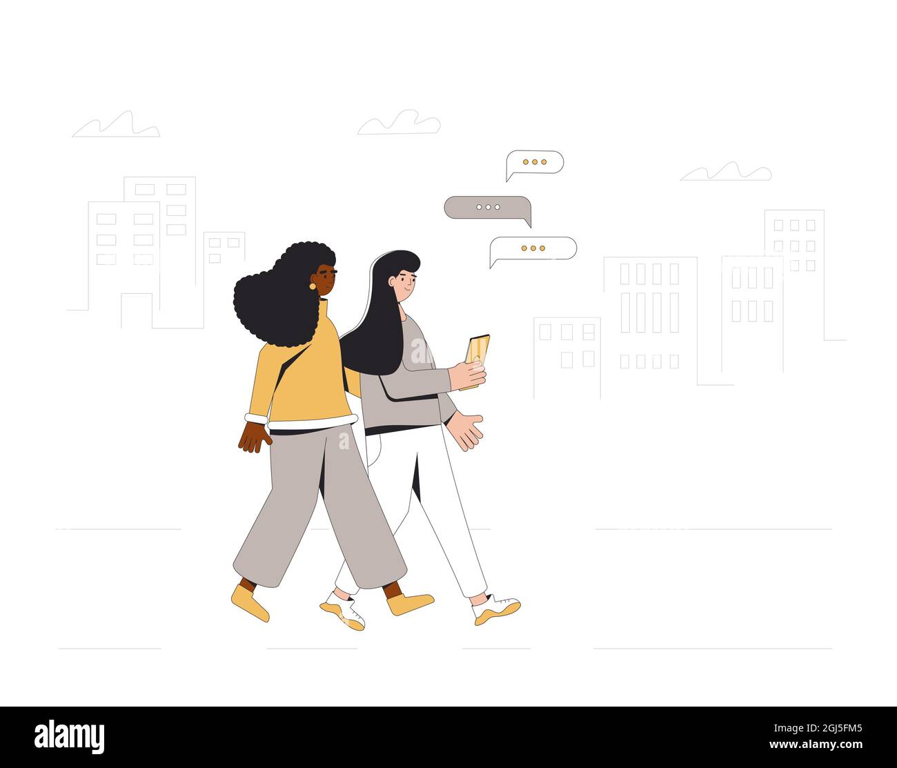 Two teenagers walking through the streets together. Young female ...