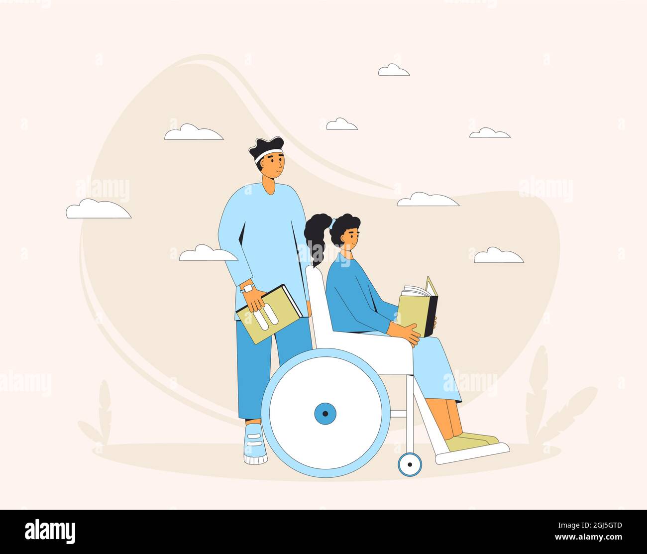 Two friends with books. Literature fans. Books lovers. Vector line art ...