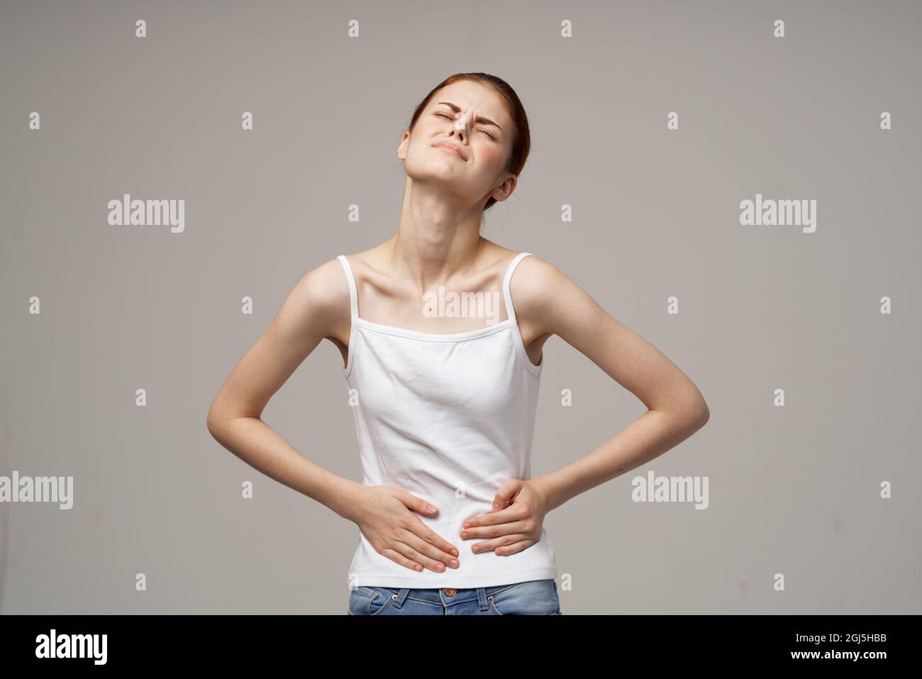 woman groin pain intimate illness gynecology light background Stock ...