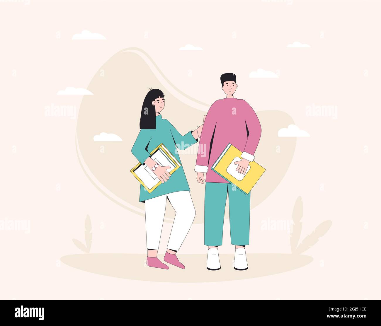 Two friends standing together with books. Literature fans.Vector line ...