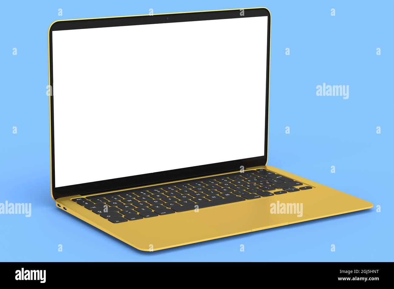 Realistic gold aluminum laptop with empty white screen display isolated ...