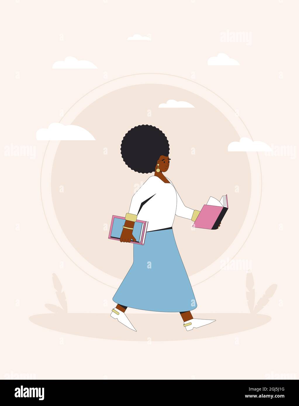 Young woman walking and reading book. Vector illustration Stock Vector ...