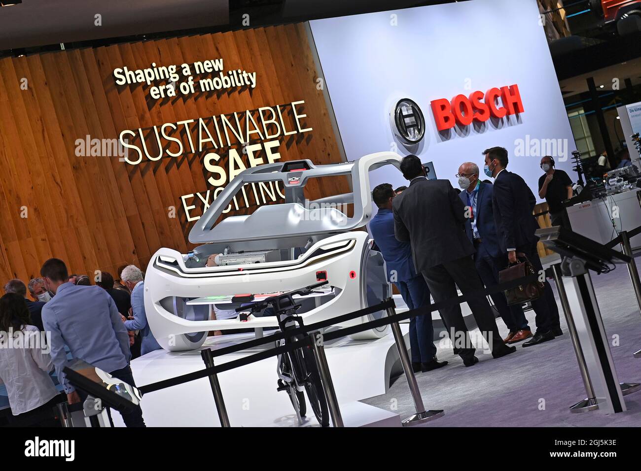 Munich. 12th Sep, 2021. BOSCH booth at Messe Muenchen Riem, visitors ...