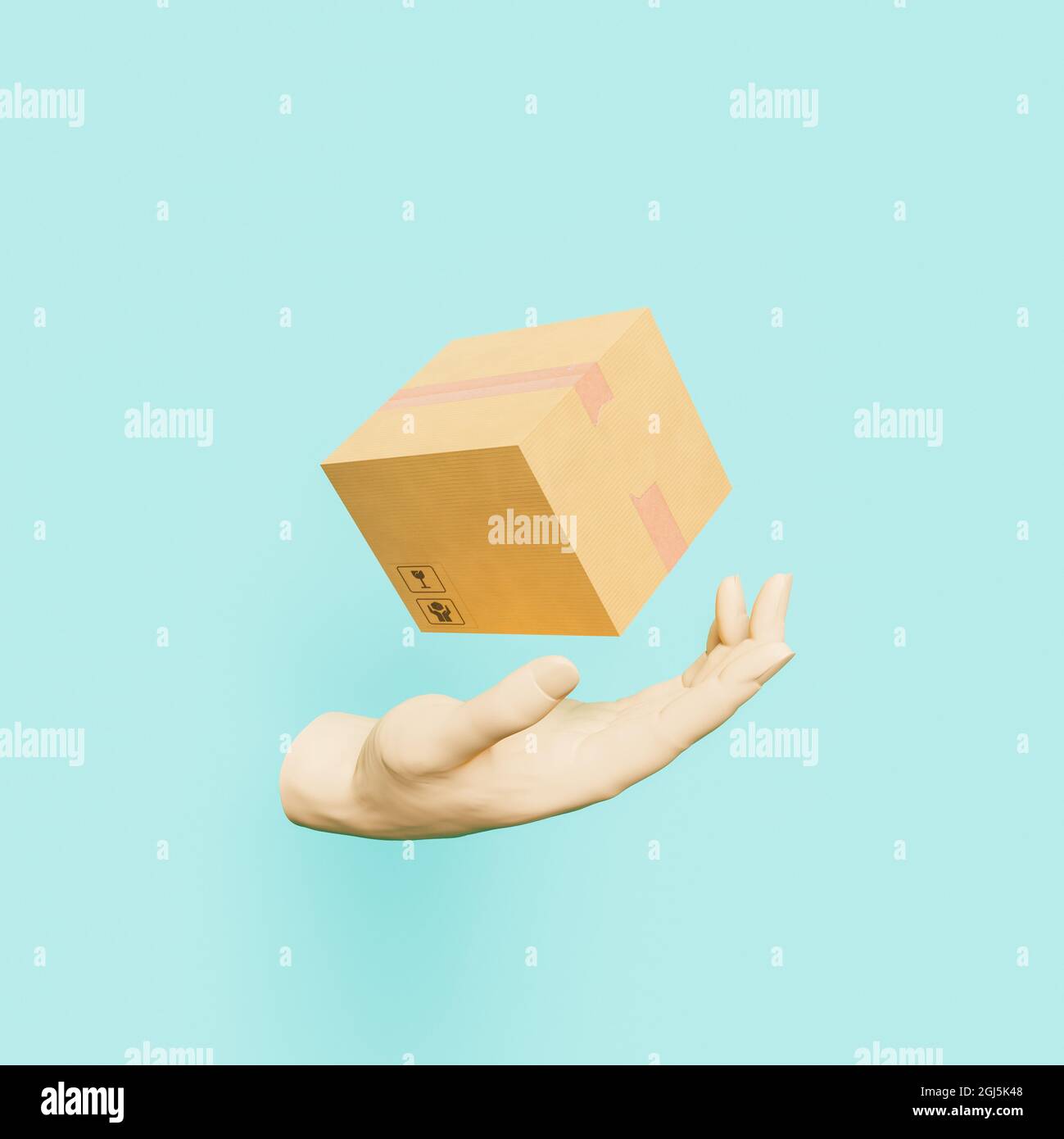 3d hand with a delivery package floating on top. concept of delivery ...