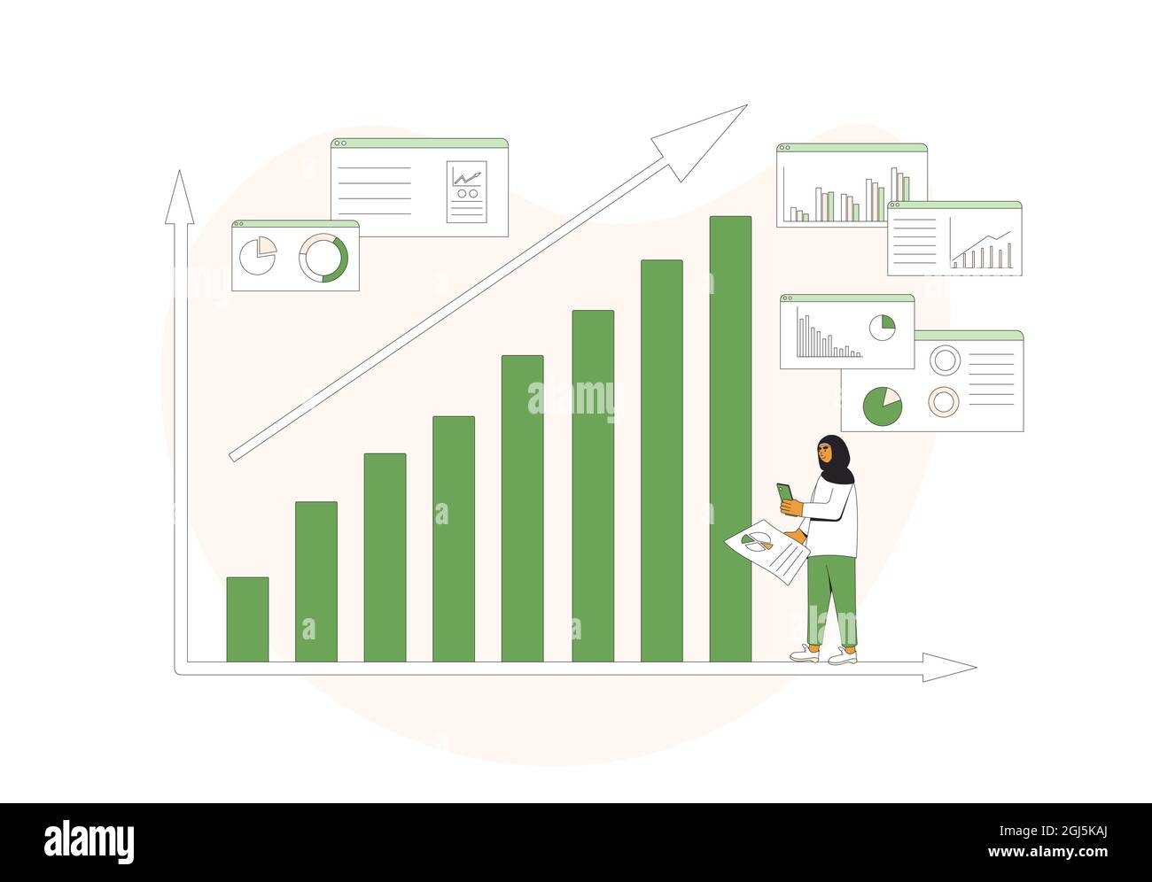 Investment concept. Young woman with stock market growing chart. Vector ...
