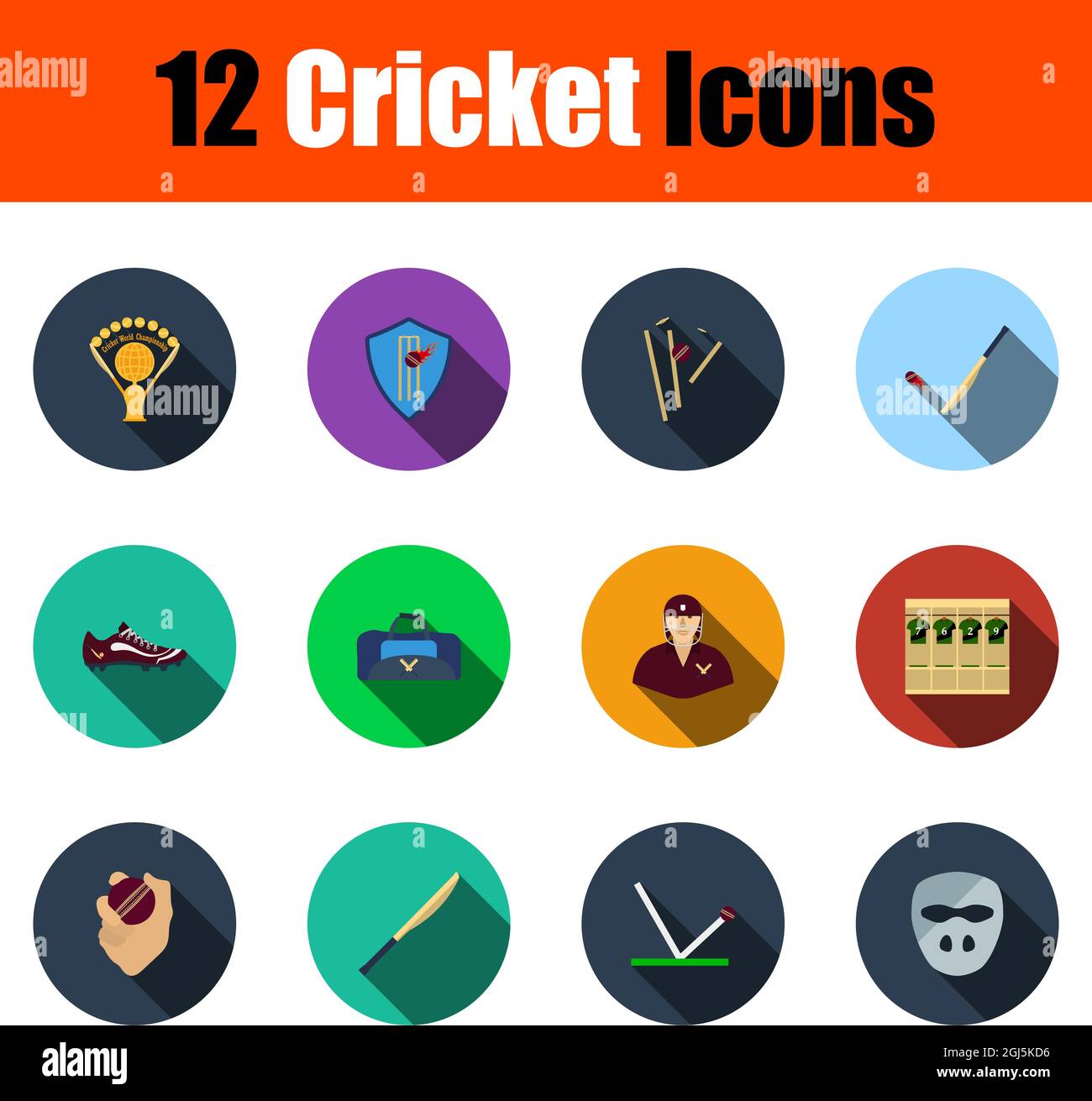 Cricket Icon Set. Flat Design With Long Shadow. Vector illustration ...