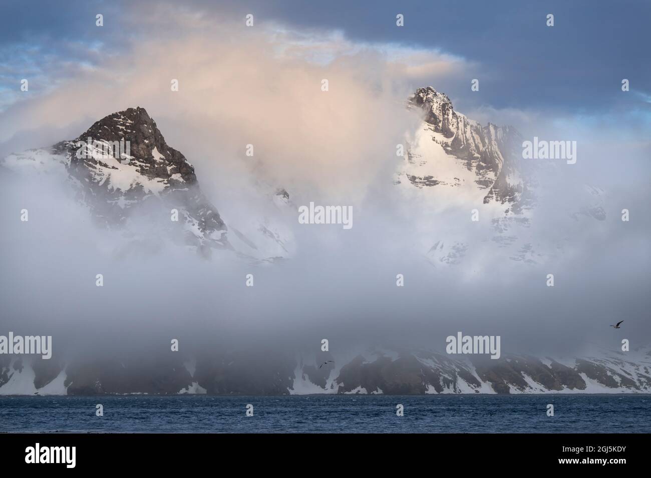 Antarctica, South Georgia Island, Stromness Bay. Sunset on cloud-covered mountains. Credit as ...