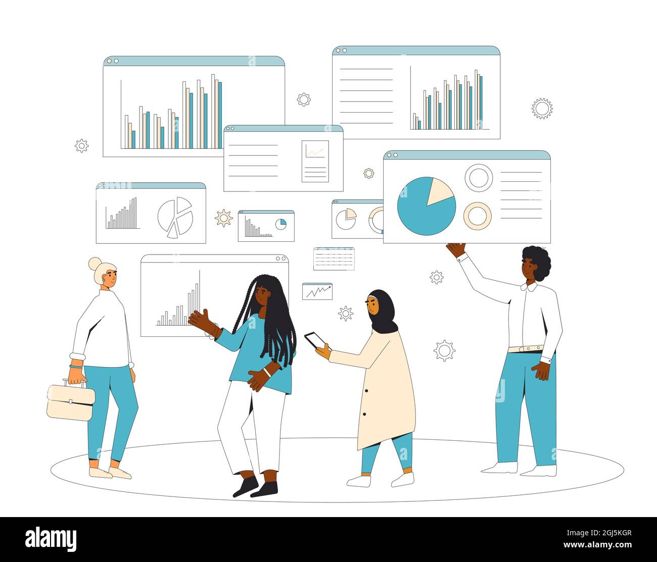 Data scientists. Business analyst concept. Characters with schemes and ...