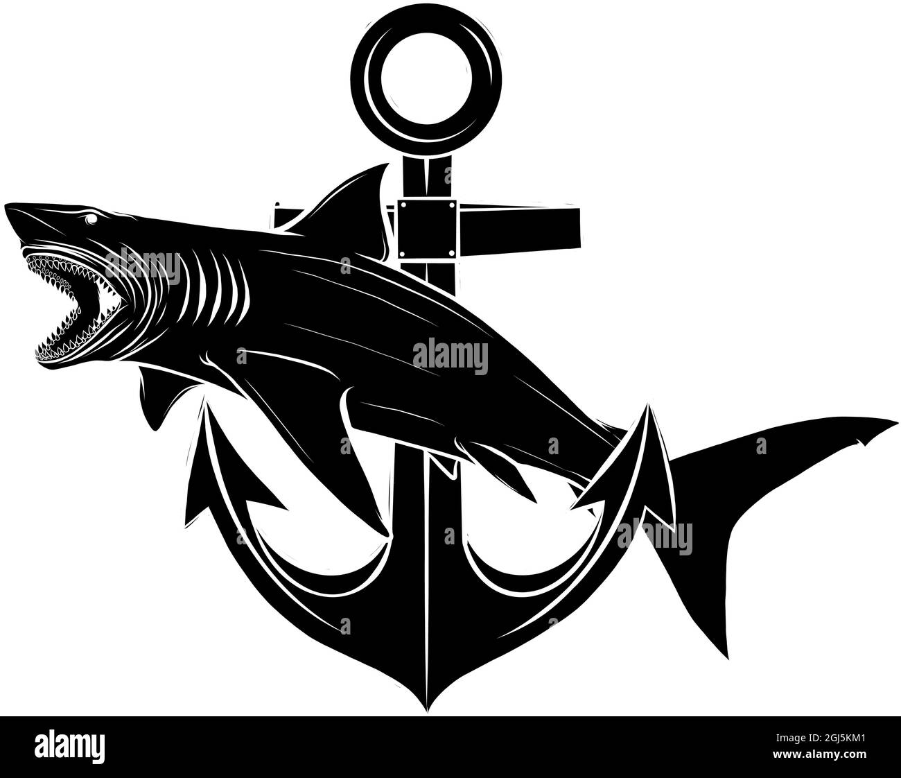 Monochrome illustration of stylized shark with anchor isolated on white ...