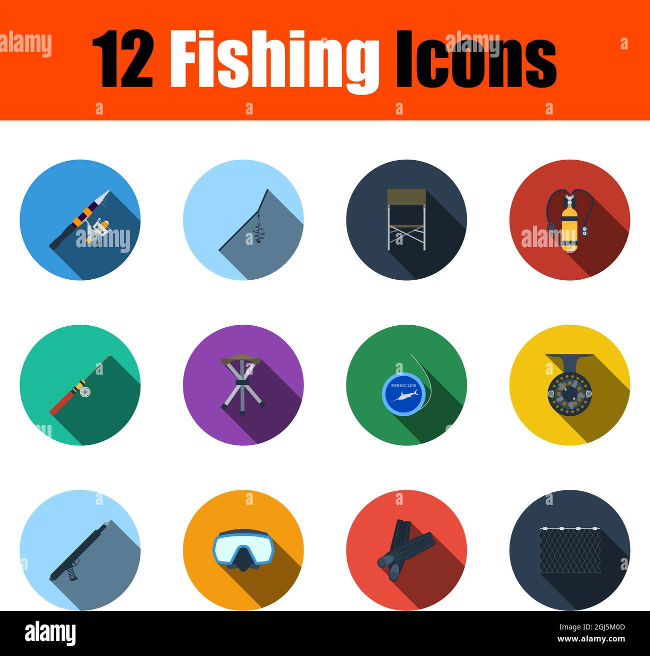 Fishing Icon Set. Flat Design With Long Shadow. Vector illustration ...