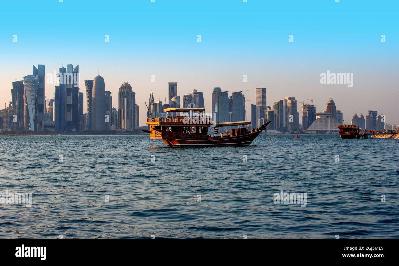 Traditional Arabic dhow - boats in Doha Cornish - QATAR Stock Photo - Alamy