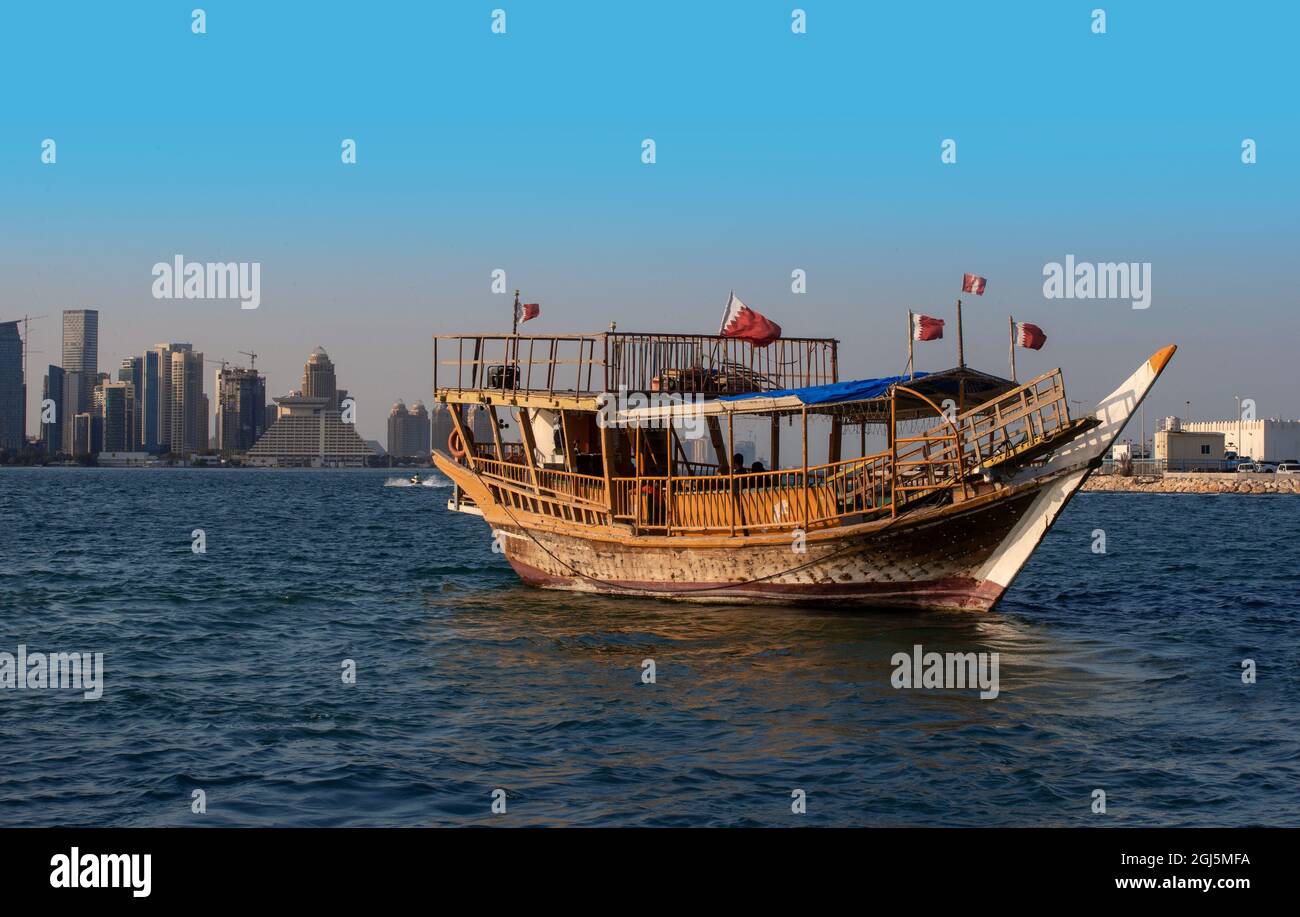 Traditional Arabic dhow - boats in Doha Cornish - QATAR Stock Photo - Alamy