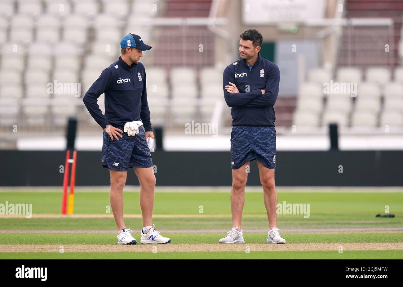 England captain Joe Root and James Anderson (right) during a nets ...