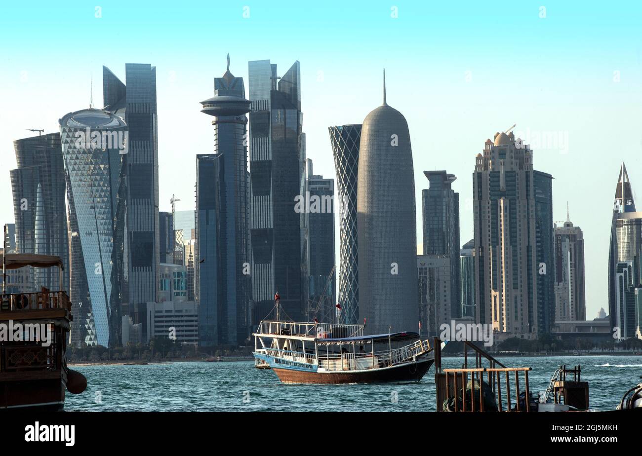 Traditional Arabic dhow - boats in Doha Cornish - QATAR Stock Photo - Alamy