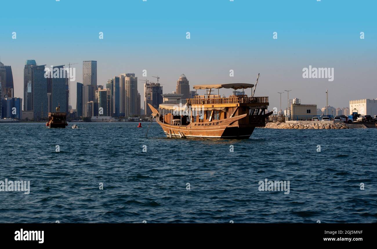 Traditional Arabic dhow - boats in Doha Cornish - QATAR Stock Photo - Alamy