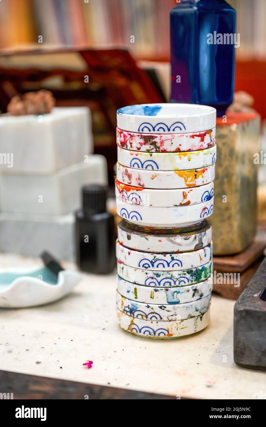 Close-up of a stack of ink plates in a calligraphy art studio Stock ...