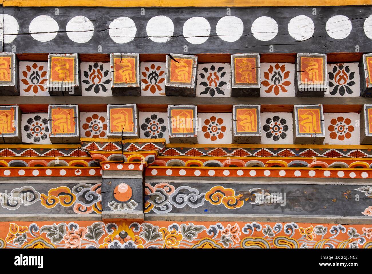 Bhutan. Detail of traditional ornate Bhutanese painted and hand carved ...