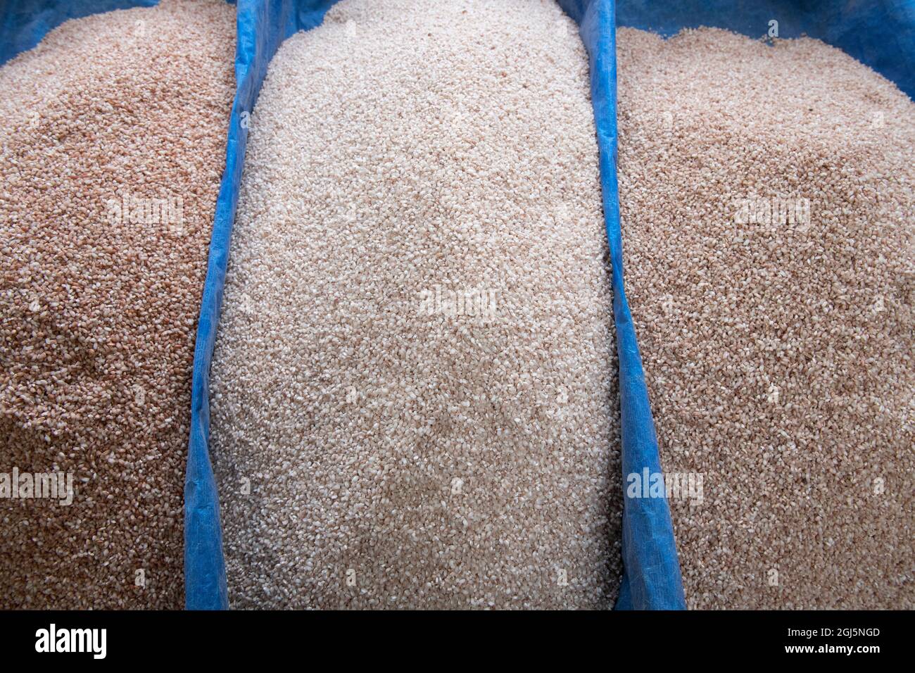 Bhutan, Thimphu. Local Farmer's Market. Detail of rice vendor display ...